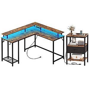 SUPERJARE L Shaped Gaming Desk with Power Outlets & LED Lights and Nightstand with Charging Station