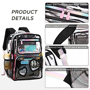 KIDNUO Clear Backpack for Girls Kids Elementary Bookbags Transparent Stadium Approved Travel Daypack See Through Middle College School Bag Large Laptop Backpack for Women Teens Students (Black)