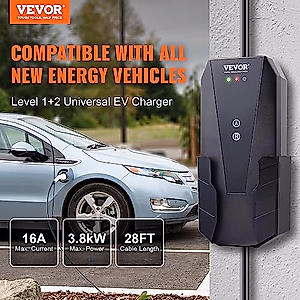 VEVOR Level 1+2 Portable EV Charger, 16 Amp 120V or 240V, Electric Vehicle Charger with 28-Foot Charging Cable NEMA 6-20P Plug NEMA 5-15 Adapter, Plug-in Home EV Charging Station for SAE J1772 EVs
