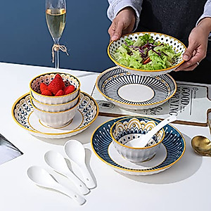 Binvertaocier 12-Piece Porcelain 27 Oz Plates and Bowls Sets for 4 with Spoons,Ceramic Dinnerware Set of 4,8 Inch Pasta Bowls Set for 4,Salad Plates,Pasta Plates Dinner Bowls,Gifts for Housewarming