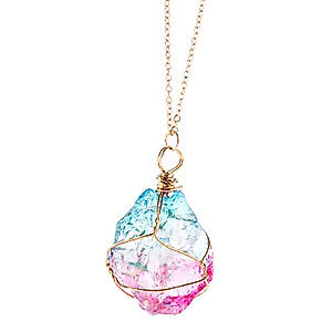 Obeon Natural irregularity Rainbow Stone Natural Crystal Rock Necklace Golden Chain Plated Quartz Pendant Unique Jewelry Gift (1PC) Multicolor