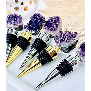 LUXE CRYSTAL CO. Natural Amethyst Teeth Raw Crystal Wine Stopper Bottle Gold Silver Handmade Wine Champagne Gifts for Her Bridal Shower Minimalist Decor (Silver)