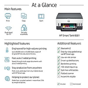 HP Smart -Tank 6001 Wireless All-in-One Cartridge-free Ink Printer, up to 2 years of ink included, mobile print, scan, copy (2H0B9A)