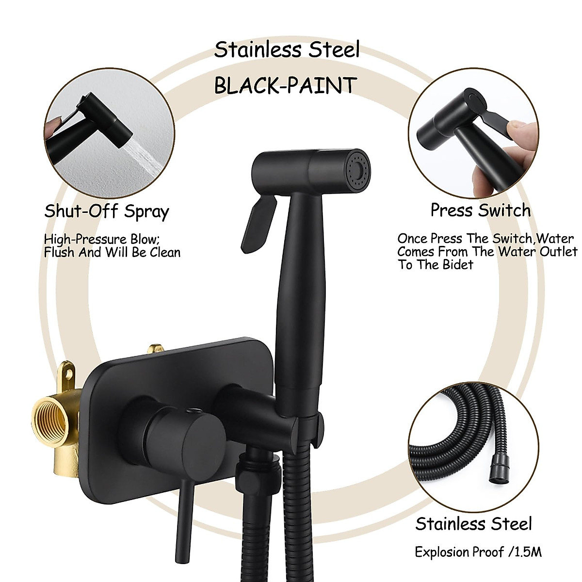 Brass Handheld Bidet Toilet Sprayer, Wall Mount Baby Cloth Diaper Sprayer, Concealed Bidet Sprayer Hot and Cold Water, Handheld Bidet Sprayer for Toilet Cleaning and Personal Hygiene (Black)