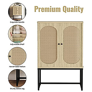 Lamerge Natural Rattan Cabinet Set of 2,Sideboard Buffet Cupboard Accent Cabinet with 2 Door,Adjustable Shelves,Free Standing Bookmatch,High Cabinet,RusticOak Beige