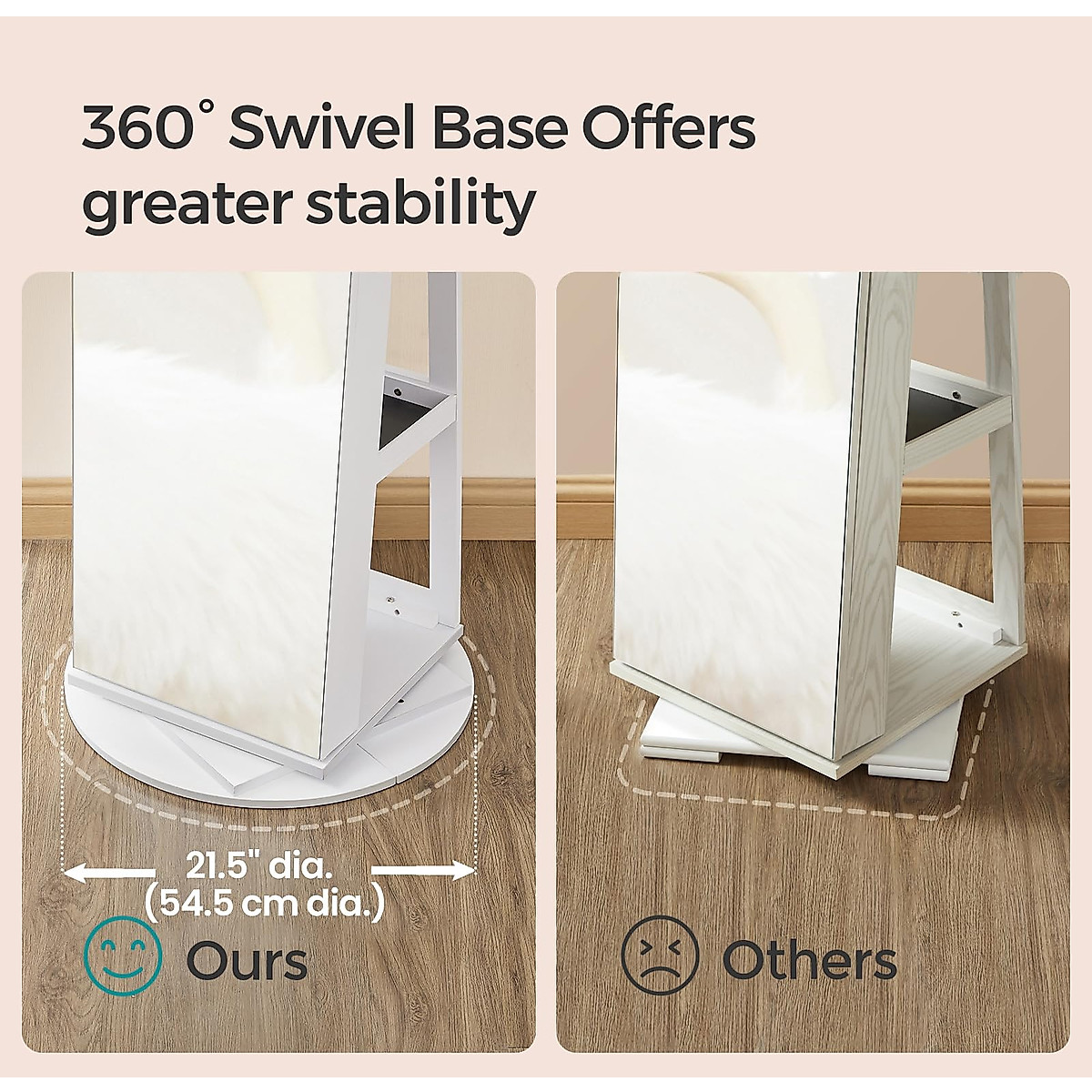 SONGMICS 6 LEDs Lockable Mirror Jewelry Cabinet, 360° Swivel Jewelry Organizer, Standing Jewelry Armoire, Frameless Full-Length Mirror, 3 Storage Shelves,Christmas Gifts, White Surface,