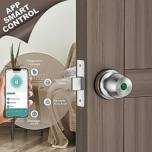 HEI LIANG Fingerprint Door Lock Smart Door Knob, Biometric Door Lock Smart Lock Fingerprint Door knob with App Control, Suitable for Bedrooms,Cloakroom,Apartments Offices,Hotels (Satin Nickel)