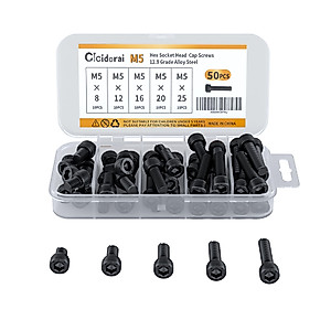 Cicidorai M5 x 8mm 12mm 16mm 20mm 25mm Hex Socket Head Cap Screws Bolts, 12.9 Grade Alloy Steel, Fully Threaded, Black Oxide Finish, Allen Socket Drive, Assortment Kit 50Pcs