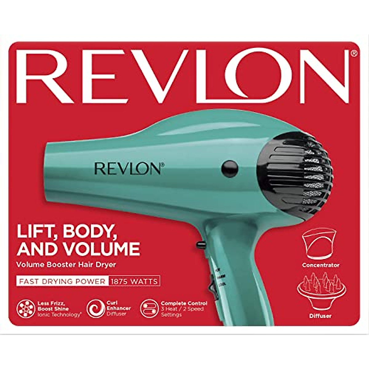 Revlon Volume Booster Hair Dryer | 1875W for Voluminous Lift and Body, (Green)