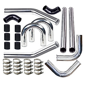MooSun 2" 8-Pcs Universal Intercooler Pipe Piping Turbo Polished Aluminum Kit with Silicone Hoses and Stainless Steel T-Clamps