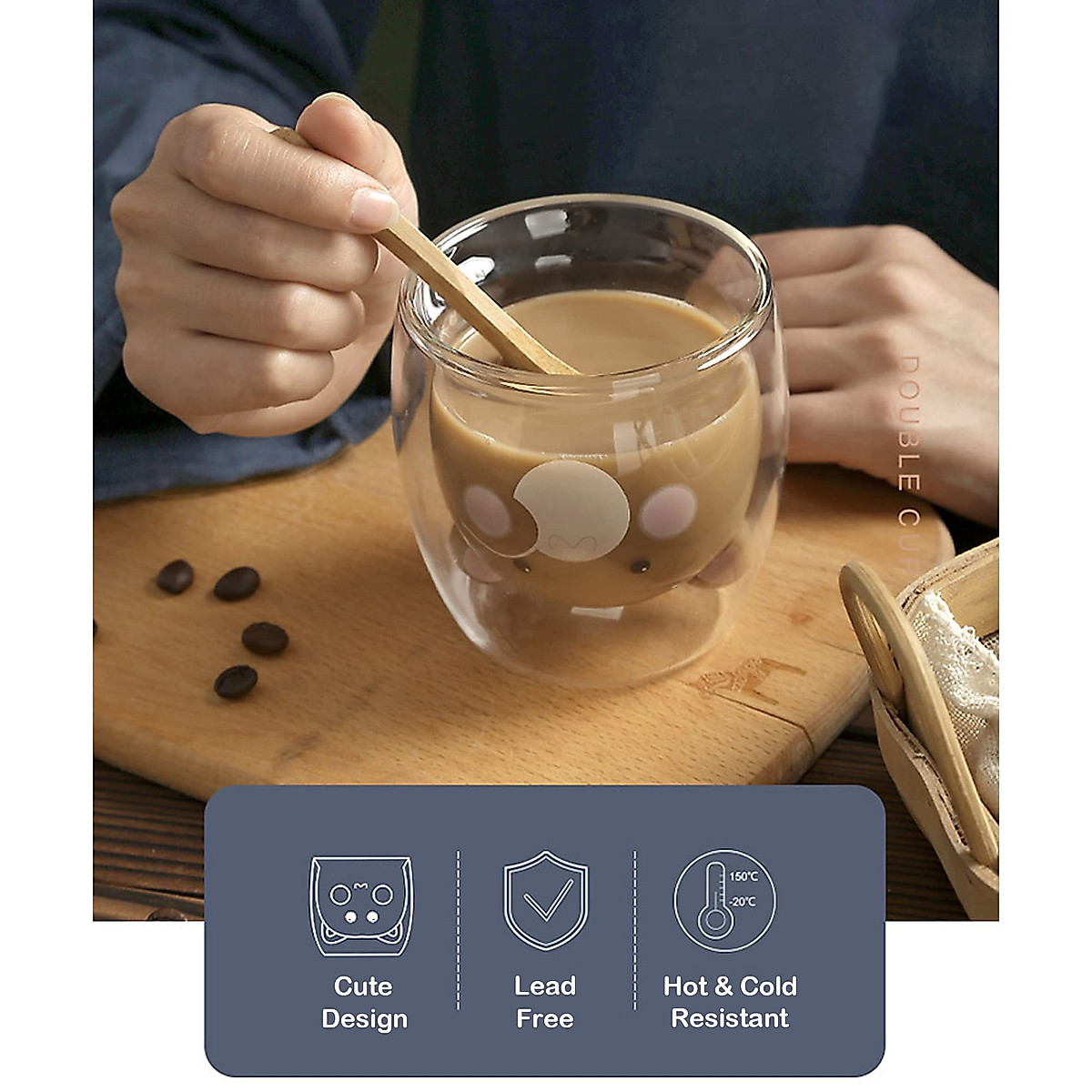 FUTGLOBAL 2 Pack Cute Mugs Glass Double Wall Insulated Glass Set (Bear and Kitten), Muulaii Coffee Cup, Milk Cup, Tea Cup, Best Gift for Office, Birthday, Valentine's Day and Christmas