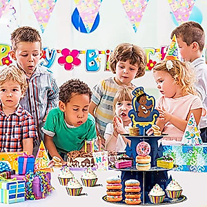 Haooryx Royal Prince Cupcake Stand Decorations 3 Tier African American Little Prince Cupcake Tower Cardboard Black Boys Crown Castle Dessert Holder for Boy Birthday Party Baby Shower Supplies