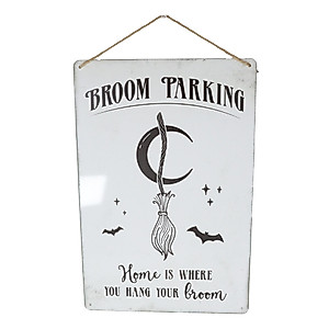 Ebros Gift Halloween Witchcraft Wicca Occult Witch Broom Parking Home Is Where You Hang Your Broom Bats Stars And Crescent Moon Wall Hanging Sign Plaque Kitchen Home Decorative Signs