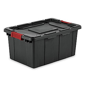 Sterilite 14649006 15 Gallon/57 Liter Industrial Tote, Black Lid & Base w/ Racer Red Latches, 6-Pack & 14669004 27 Gallon/102 Liter Industrial Tote, Black Lid & Base w/ Racer Red Latches, 4-Pack