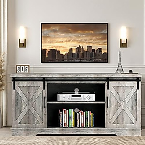 IDEALHOUSE Farmhouse TV Stand, Entertainment Center for 65 Inch TV Media Console Table, Grey Barn Door TV Stand with Storage and Shelves, Modern TV Console Cabinet Furniture for Living Room