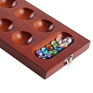 Crobyi Mancala Board Game Set for Kids & Adults, Includes Portable Folding Rubber Wood Board, 48+5 Glass Stones, Stones Storage Bag & Mancala Instructions. Classic Marble Board Game for Family.