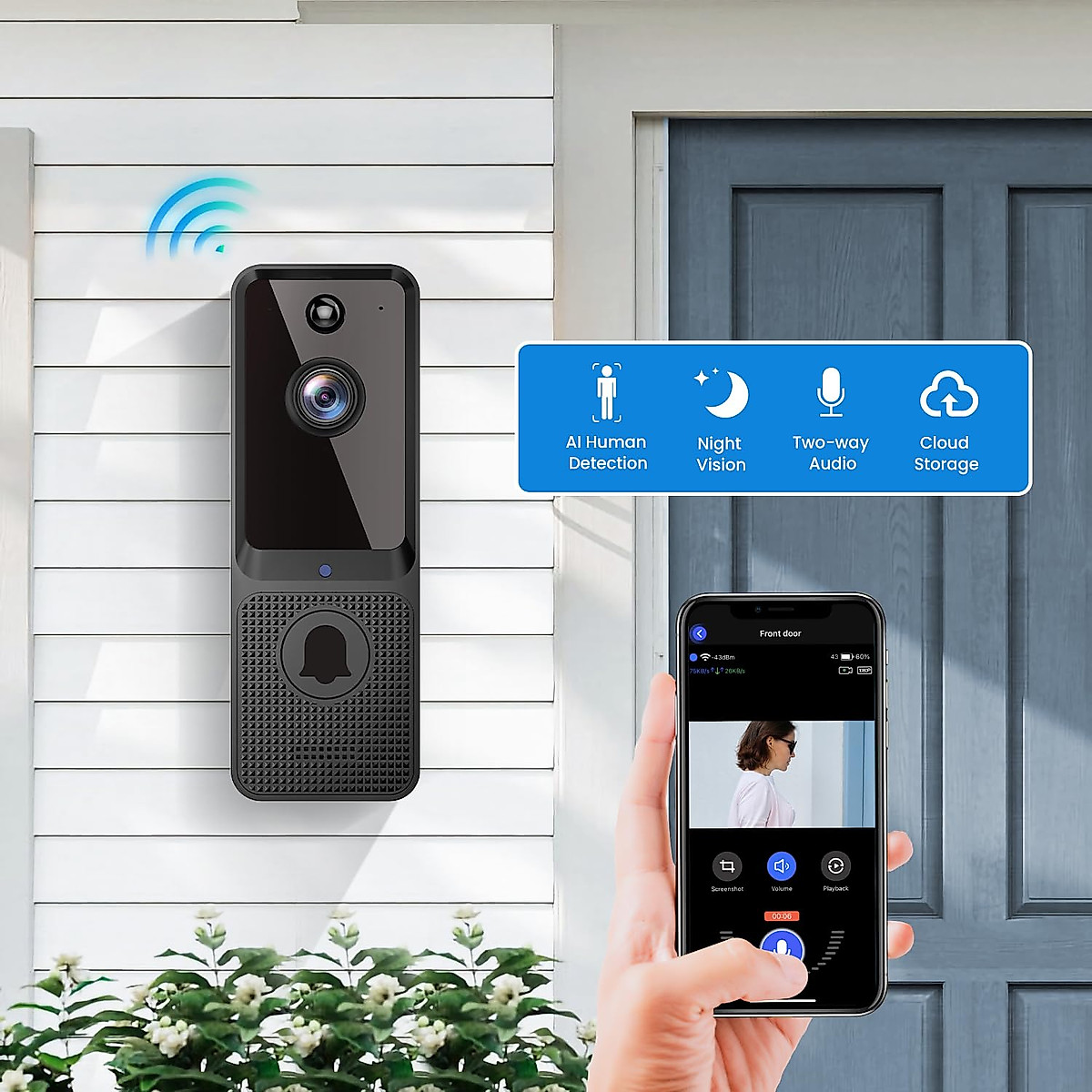 ALPHAPEACH Smart Video Doorbell Camera Wireless with Included Chime, AI Human Detection, Cloud Storage, Night Vision, 2-Way Audio, Battery Powered, 2.4G WiFi, Indoor Outdoor Surveillance