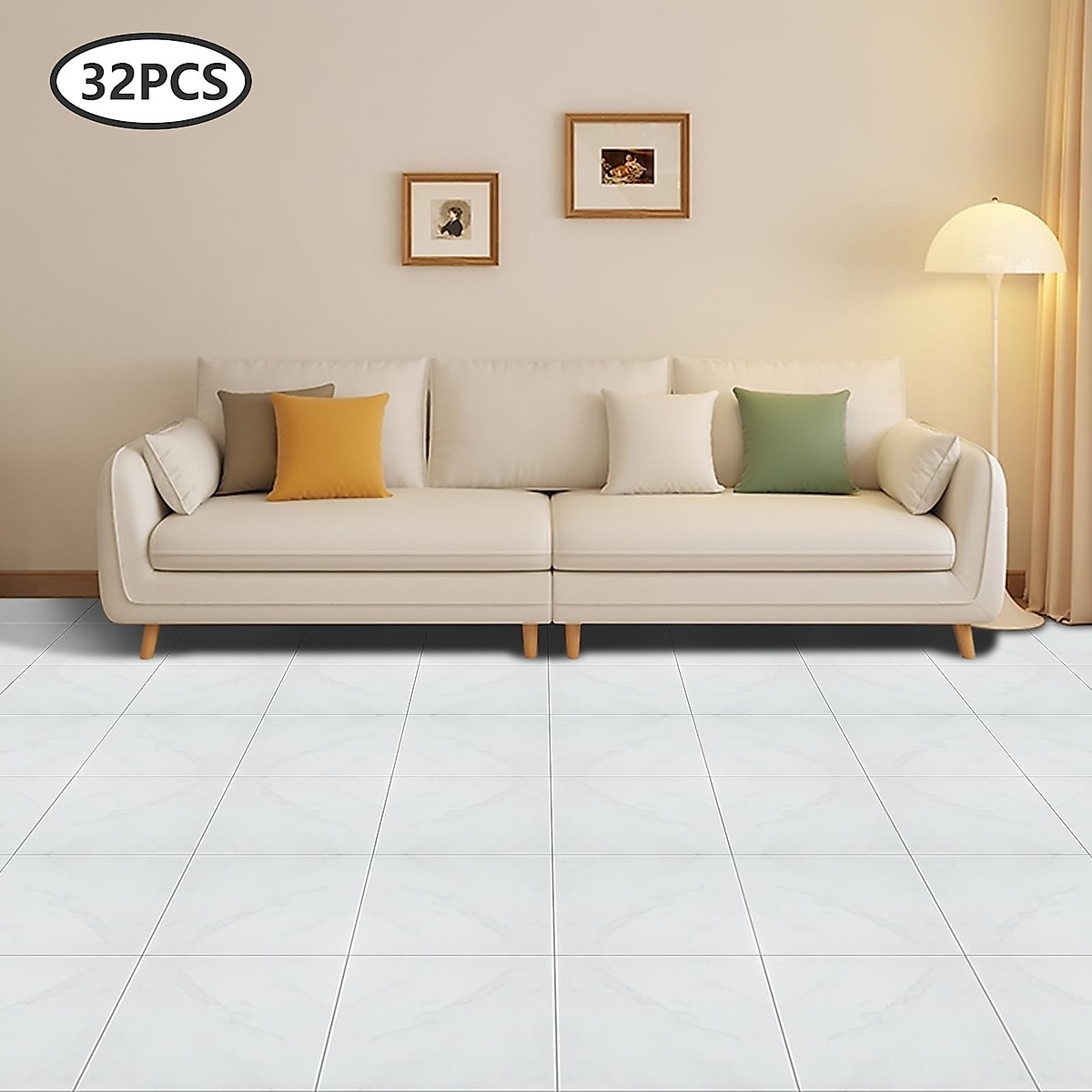 LOHISHIL 32PCS 12 * 12in Stick Floor Tile White Floor Tiles Self, Adhesive Wall Tiles Peel and Stick Floor Tiles Bathroom Floor Stickers for Kitchen, Bedroom, Hallways, Garages, Lobbies(White)