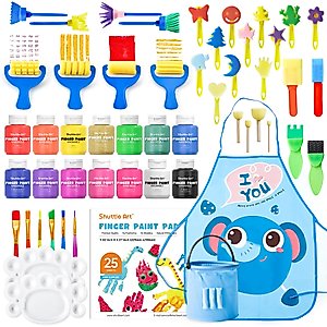 Washable Finger Paint Set, Shuttle Art 46 Pack Kids Paint Set with 14 Colors(60ml) Finger Paints, Brushes, Finger Paint Pad, Sponge, Palette, Smock, NonToxic for Toddlers Home Activity Early Education