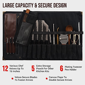 Manjushri Elegant and Light 12 Slots Professional Waxed Canvas & Genuine Leather Chef Knife Roll Bag Case with 4 Zipper Pouch Knife Organiser (Walnut Brown)