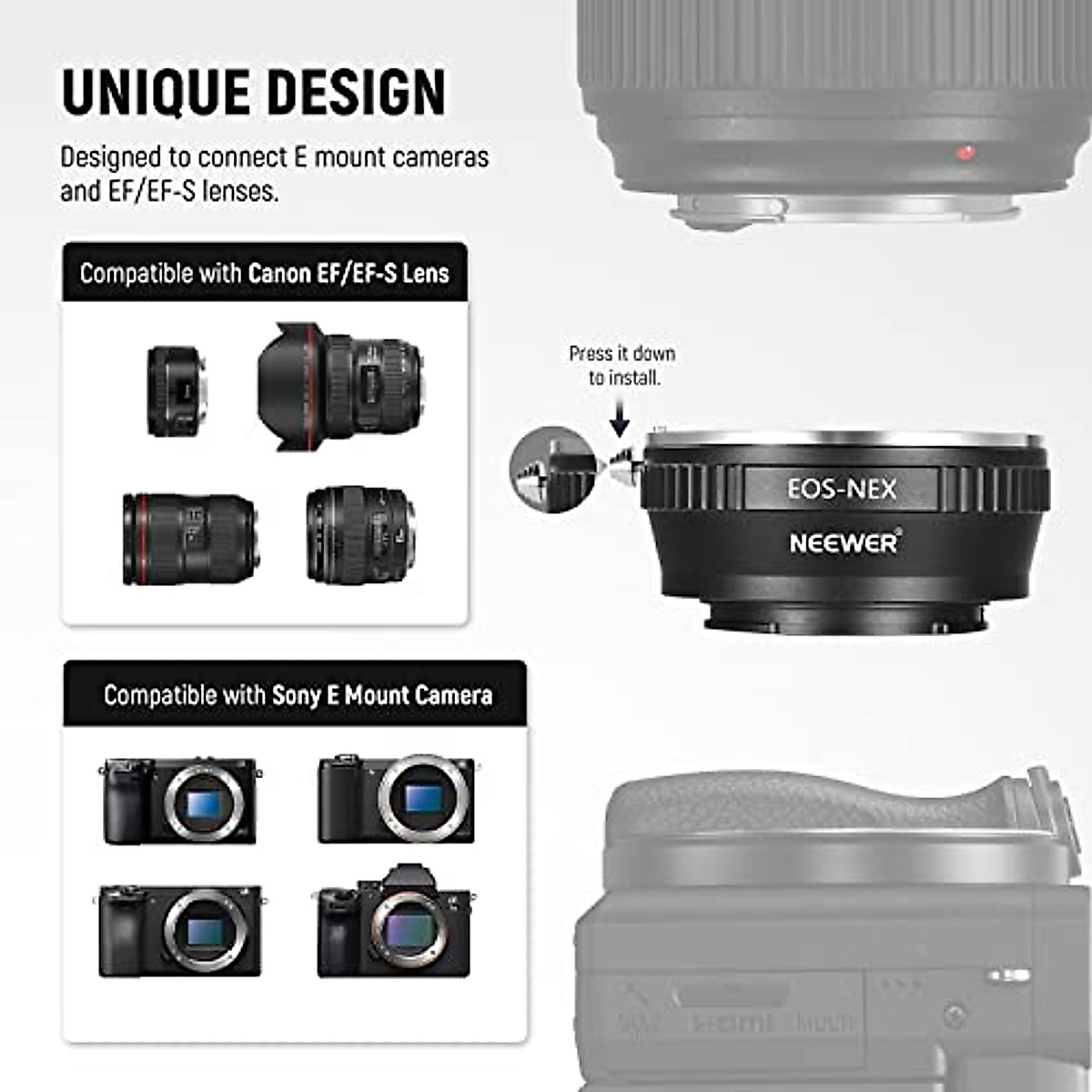 NEEWER Mount Lens Adapter Manual Focus Ring Compatible with Canon EF/EF-S Lens to Sony E Mount Camera A1 A9 A7 A7C A7R A7S A6600 A6400 NEX-7 NEX-6 ZV-E10 FX30, Not Compatible with Canon STM Lenses