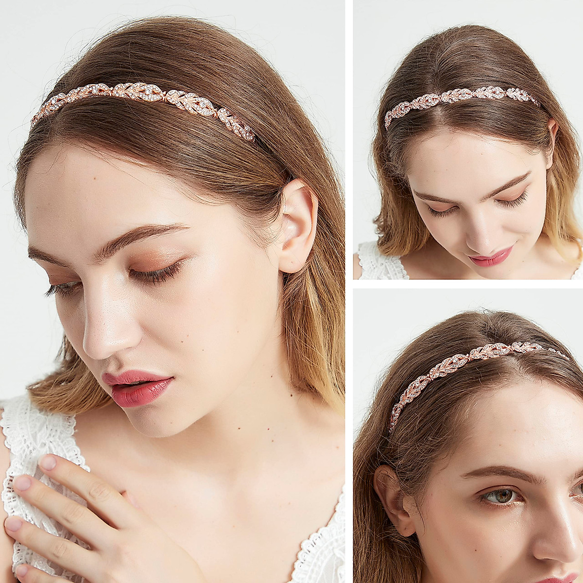 Oriamour Rose Design Rhinestone Crystal Wedding Headband Bridal Headpieces Simple Design Bridal Headband (Rose Gold)