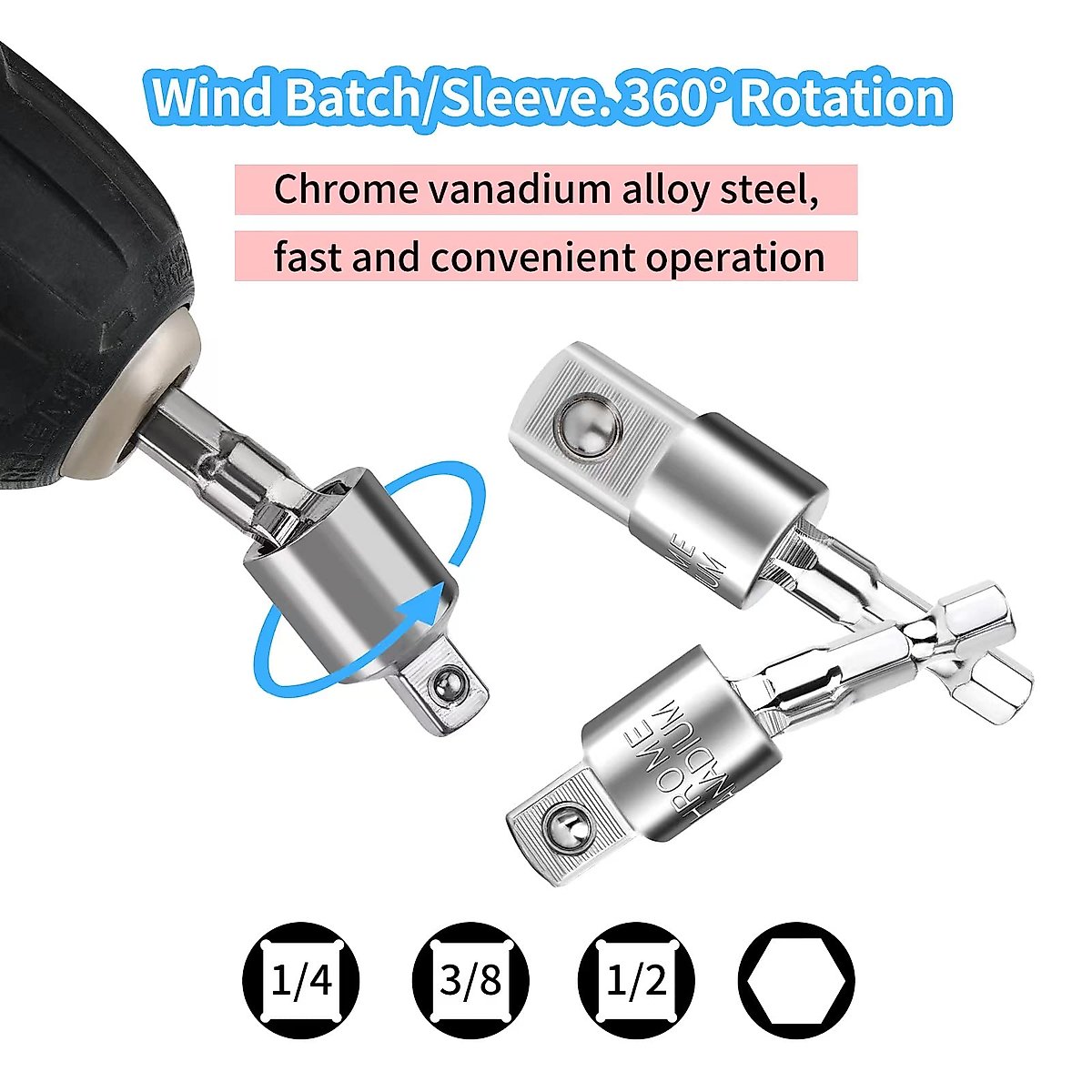 Flexible Drill Bit Extension Set, 105° Right Angle Drill Attachment, 1/4 3/8 1/2" Hex Shank Impact Driver Socket Adapter Rotatable Socket, Bendable Drill Bit Extension and Screwdriver Bit Kit