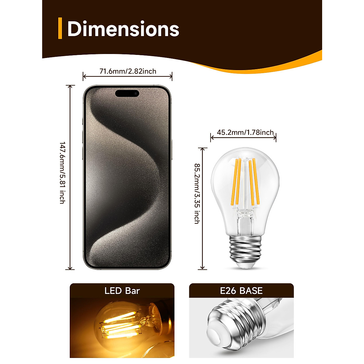 UNILAMP A15 Dimmable LED Light Bulbs, E26 Edison Light Bulb 40 Watt Equivalent, 5W LED Filament Light Bulb, Warm White 2700K, 500LM Ceiling Fan Light Bulbs for Vintage Appliance Bulb, 4 Pack