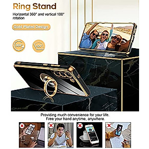 LeYi for Samsung Galaxy S21 FE 5G Case: with Tempered Glass Screen Protector [2 Pack] 360° Rotatable Ring Holder Magnetic Kickstand, Plating Rose Gold Edge Protective Case, Black