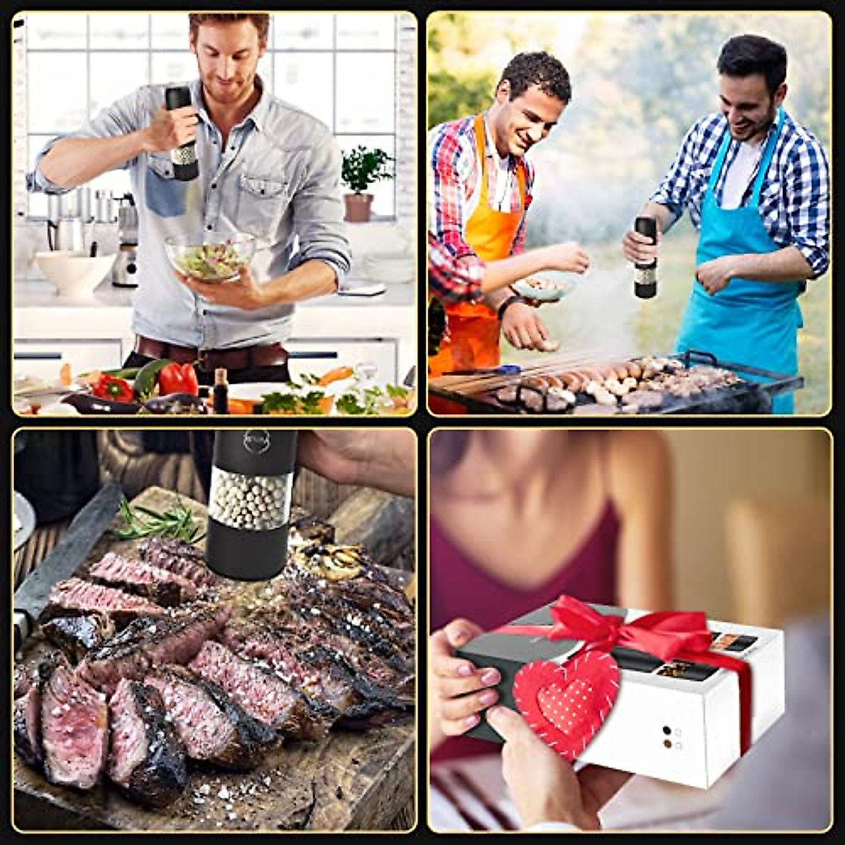 Electric Salt and Pepper Grinder Set - USB Rechargeable, LED Lights, Black Automatic Pepper and Salt Mill Grinder Set Refillable, Adjustable Coarseness, One Hand Operation (Black 2 Pack)