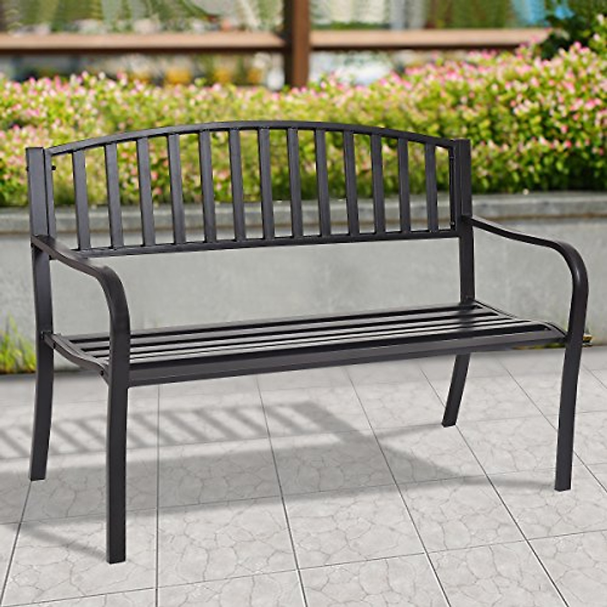 Giantex Outdoor Bench, 50” Patio Garden Bench with Steel Frame, Slat Design, 500 Lbs Weight Capacity, Patio Seating Bench for Porch, Backyard, Poolside, Outside Decor Furniture, Park Loveseat, Black