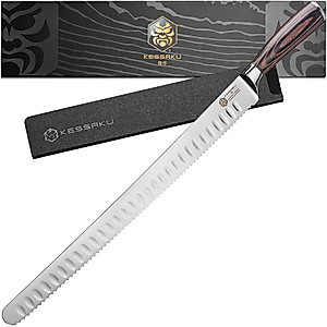 KESSAKU 14-Inch Slicing Carving Knife - Samurai Series - Serrated Granton Edge - Forged High Carbon 7Cr17MoV Stainless Steel - Pakkawood Handle with Blade Guard