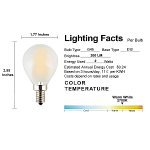 OPALRAY G45(G14) Mini Globe LED Bulb, 2W 200LM, Dimmable, 25W Incandescent Replacement, Warm White Light 2700K Filament Tungsten, E12 Candelabra Base Bulb, Eye-protected Frosted Glass Cover, 6 Pack