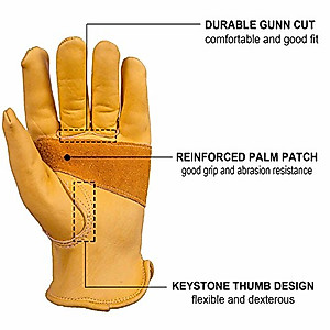 OZERO Leather Work Gloves Flex Grip Stretchable Tough Cowhide Work Gloves 1 Pair (Gold, Medium)