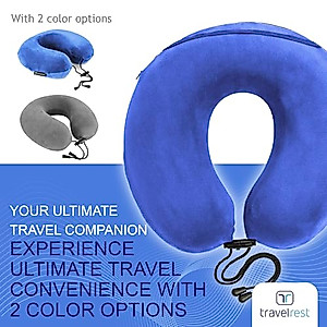 TRAVELREST - Travel & Neck Pillow, Therapeutic Memory Foam, Washable Micro-Fiber Cover, Soft and Comfortable - Head Support for Long Flights, Compact and Ergonommic Design, Attaches to Luggage - Blue