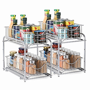 MOOACE 2 Pack Stackable 2-Tier Under Sink Cabinet Organizer with Sliding Storage Drawer, Sliding Basket Organizer for Kitchen, Bathroom, Pantry, Cabinet, Silver