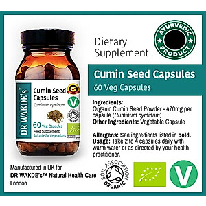 DR WAKDE'S Organic Cumin Seed Capsules, Organic | 60 Veg Caps | Ayurvedic Supplement | Vegan | 100% Herbal | Quantity Discounts | Same Day Dispatch