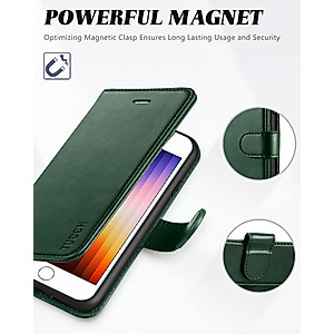 TUCCH Wallet Case for iPhone SE 2022/SE 2020/iPhone 8/7, PU Leather Folio Case with Stand Card Slot Magnetic Closure Flip Cover [TPU Interior Case] Compatible with iPhone SE 3/SE2/8/7, Midnight Green