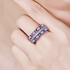 Emsione 925 Sterling Silver Plated Created Amethyst Emerald Cut CZ Pave Eternity Anniversary Wedding Engagement Band Ring Size 7