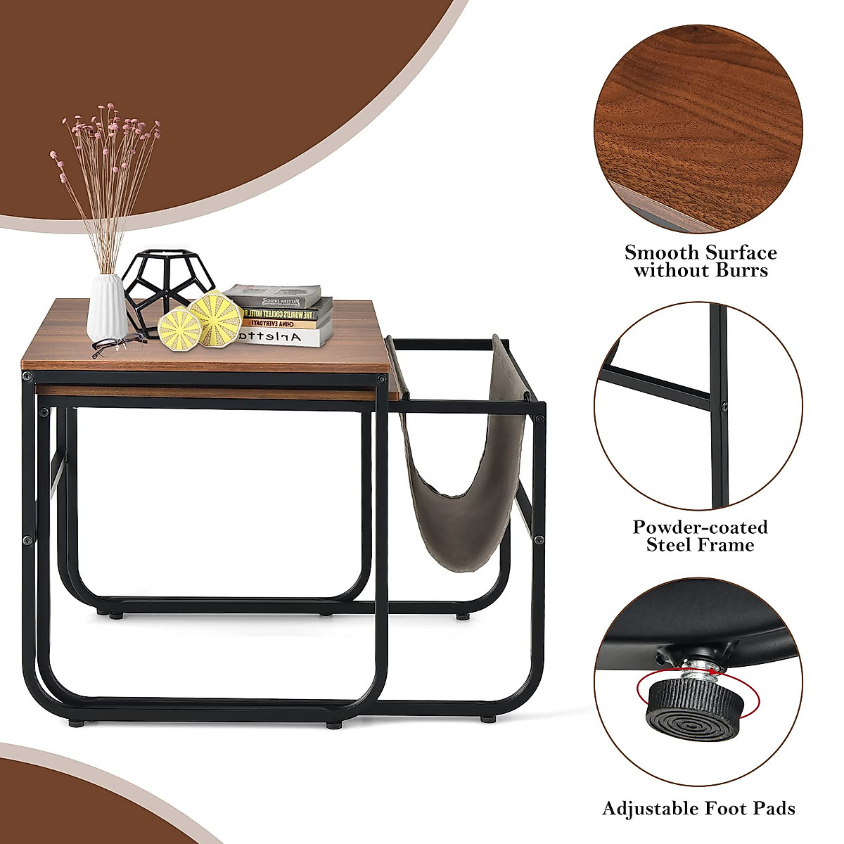 Giantex Nesting Coffee Table Set of 2, Stackable Side Table w/Side Pocket, Accent Nightstand, Industrial End Table w/Steel Frame for Living Room Bedroom Office, Easy Assembly, Rustic Brown