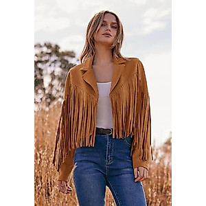 PRETTYGARDEN Women's Fringe Faux Suede Leather Jackets 2023 Fashion Tassel Motorcycle Cropped Coats (Brown Yellow,Small)