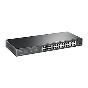 TP-Link 24 Port Fast Ethernet PoE Switch | 24 PoE+ Ports @192W, w/ 4 Uplink Gigabit Ports + 2 Combo SFP Slots | Smart Managed | Limited Lifetime Protection | Support L2/L3/L4 QoS and IGMP(T1500-28Pct)