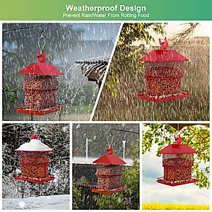 Bird Feeder for Outside Hanging Squirrel Proof Bird Feeders Metal Wild Bird Feeder Retractable Outdoor Feeder with 6 Perches for Cardinal, Finch, Chickadee, Bluebirds etc(Red)