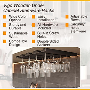 Rustic State Vigo 4 Sectional Adjustable Under Cabinet Mount Wood Stemware Rack Hanging Shelf Glassware Holder Bar Organizer with up to 12 Wine Glass Storage 12 Deep Long Black