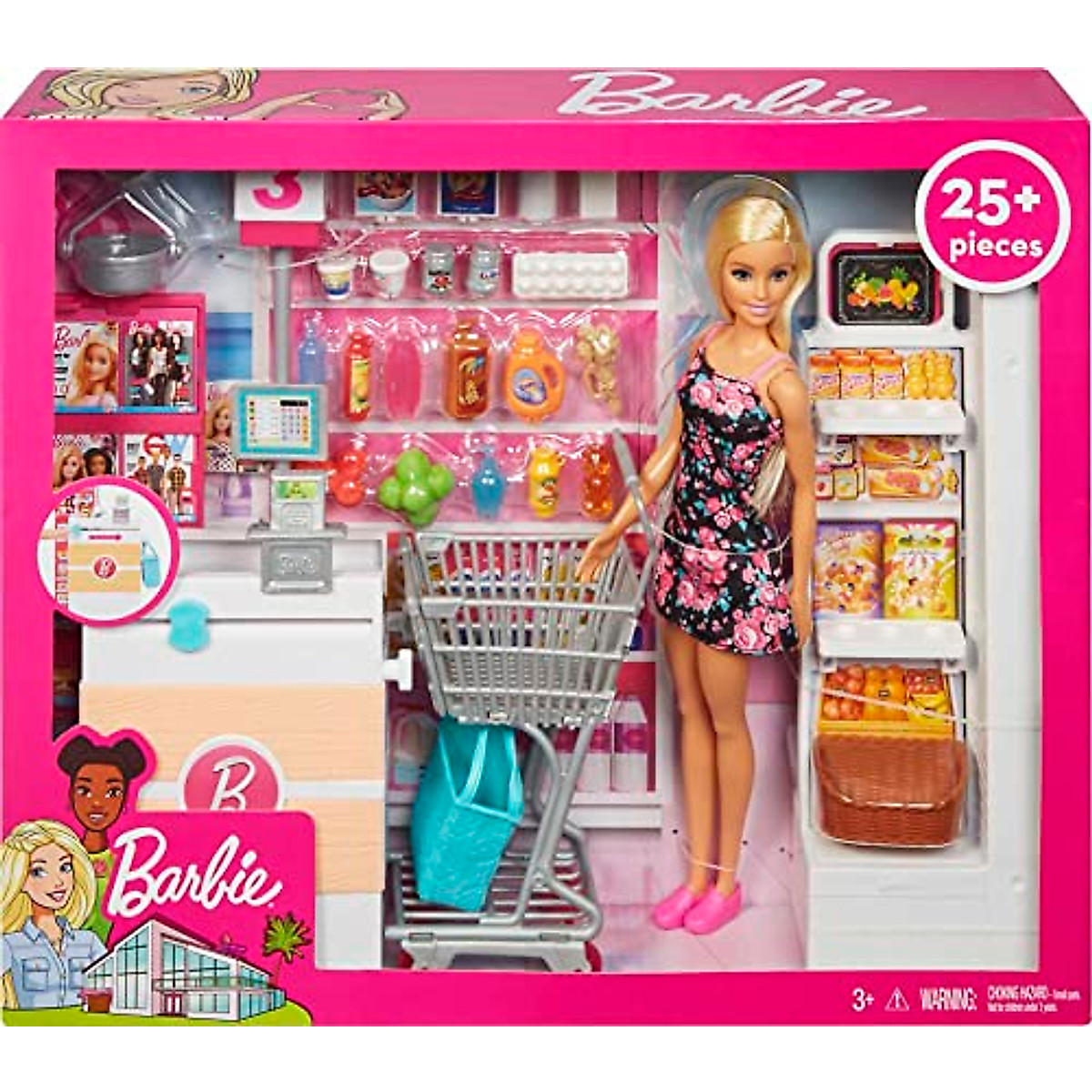 Barbie Doll & Playset, Supermarket with 25 Grocery Store-Themed Accessories Including Food, Check-Out Counter & Shelves