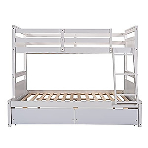 TARTOP Bunk Bed with Drawers, Twin Over Full Bunk Bed, Solid Wood Bunk Bed Frame with Ladders & 2 Storage Drawers, Bedroom Furniture,White