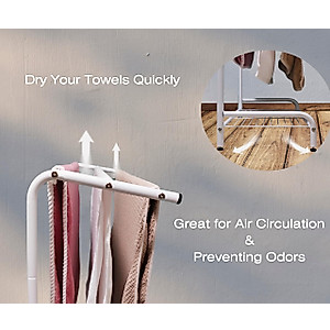 VSUINGO Freestanding Towel Rack, 32" L x 37.8" H for Oversized Bath Towels, Hand Towels Stand, Adjustable Height, 3-Tier Clothes Drying Holder with Storage Shelf for Bathroom, Aisle, Pool (White)