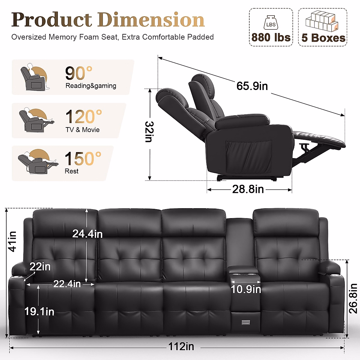 Recliner Sofa, Massage Reclining 4 Seater Sofa Sets Heavy Weight Capacity, RV Loveseat Couch Clearance with Console, USB, Type C Port, Storage, Cup Holders, Wall Hugger Chair for Living Room, Black