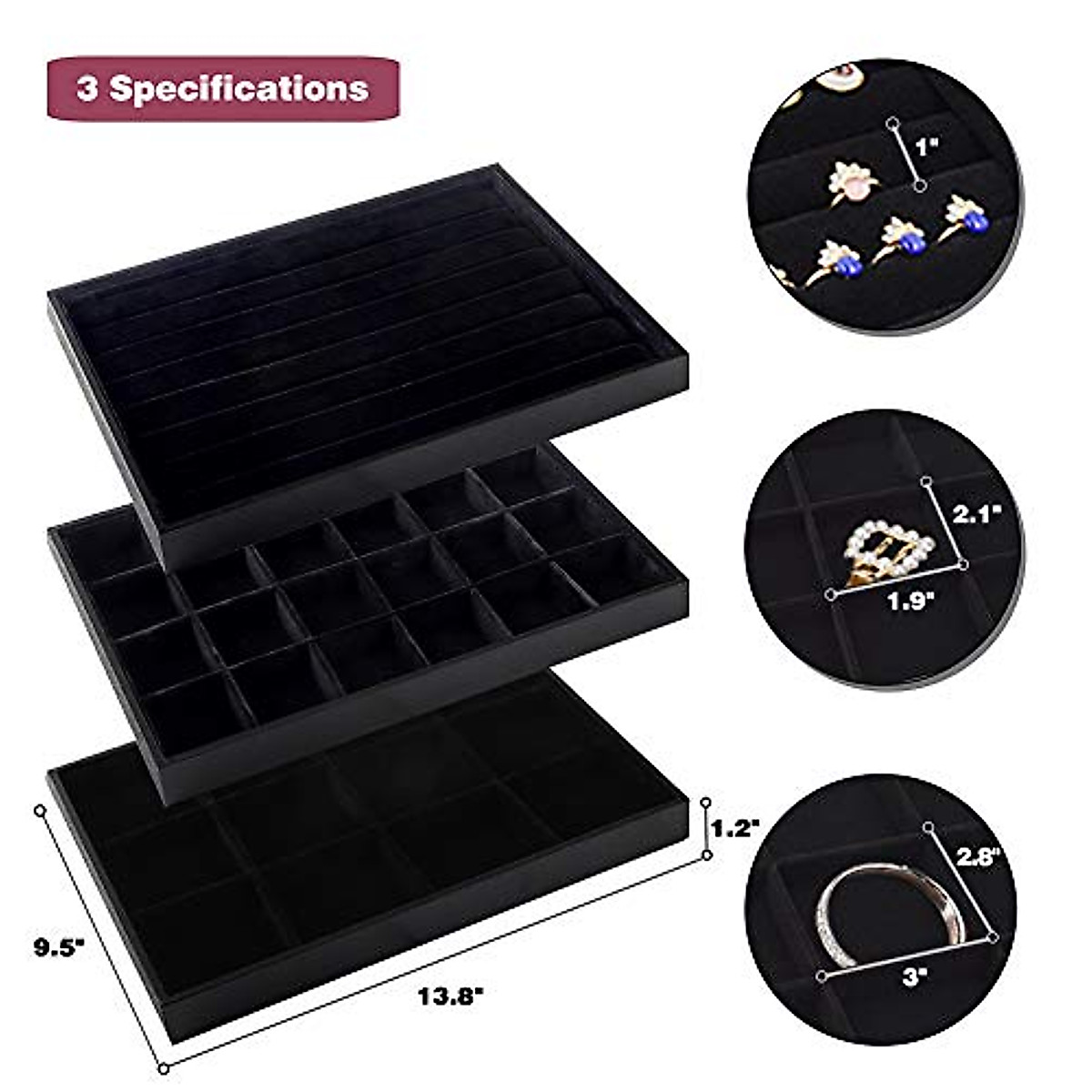 Mebbay Stackable Velvet Jewelry Trays Organizer, Jewelry Storage Display Trays with Full Artificial Leather Cover for Drawer, Earring Necklace Bracelet Ring Organizer, Set of 3 (Black)
