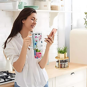 Cozy White Cat Rose 40 Oz Tumbler with Handle, Stainless Steel Cups with Lid, Travel Coffee Tumbler